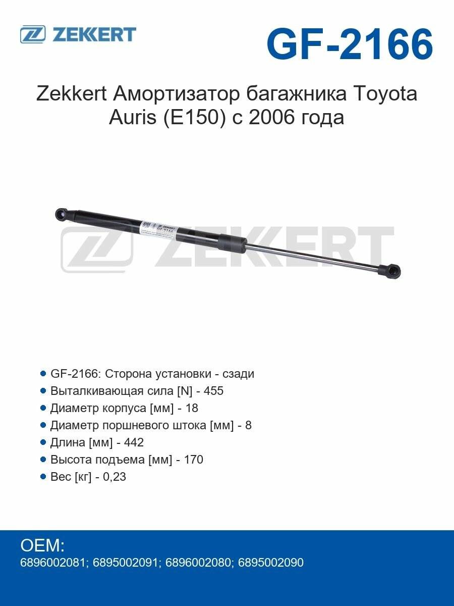 Zekkert Амортизатор багажника Toyota Auris (E150) с 2006 года