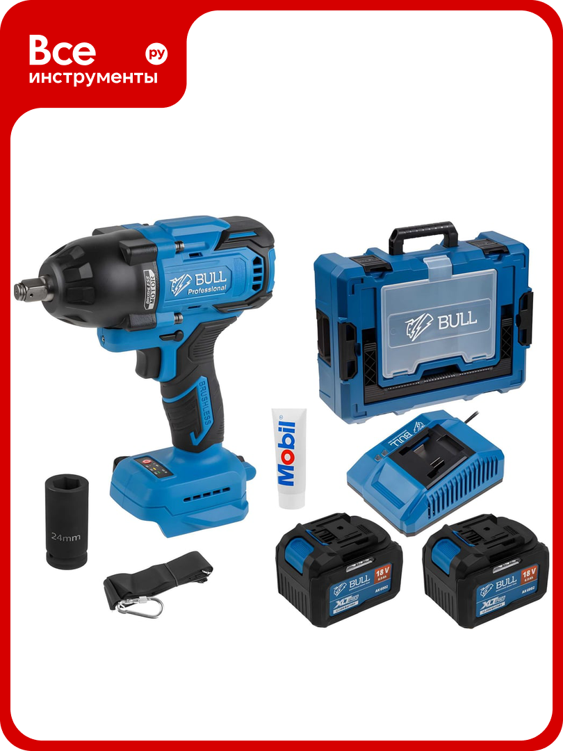 Аккумуляторный ударный гайковерт BULL SC 1807 Xcase, XLTpro, бесщеточный, 18 В, 750 Н*м, 1/2", 2x6 А*ч, з/у 6 А 1329724