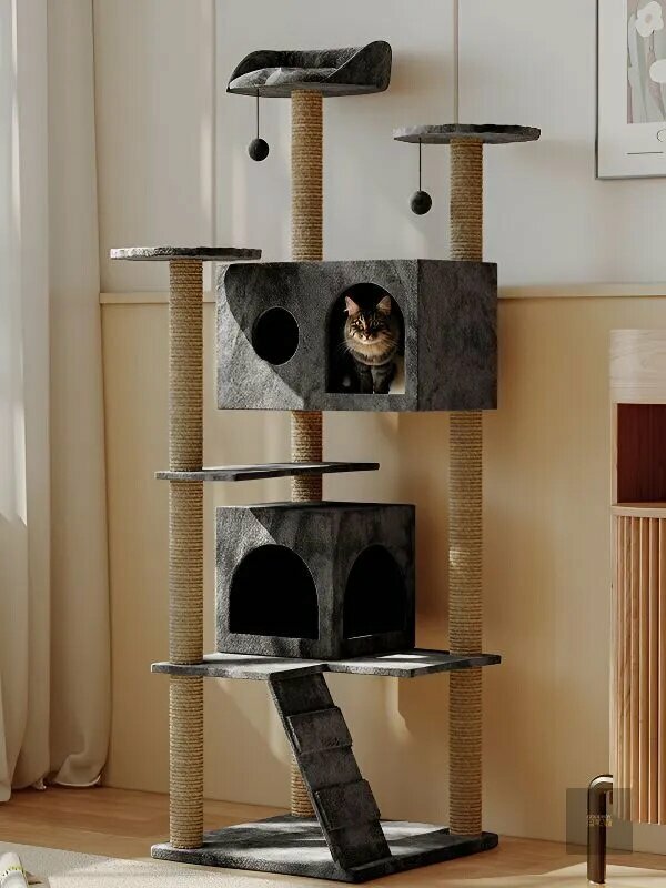 Большой игровой комплекс для кошек с лежанкой и когтеточкой, прочный деревянный домик-дерево для крупных пород (Мейн-Кун, Рэгдолл)