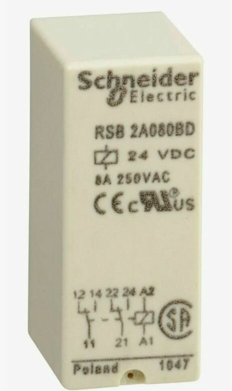 RSB2A080BD Электромеханическое реле, 8 A, 2 CO, 24VDC пр-ль Schneider Electric