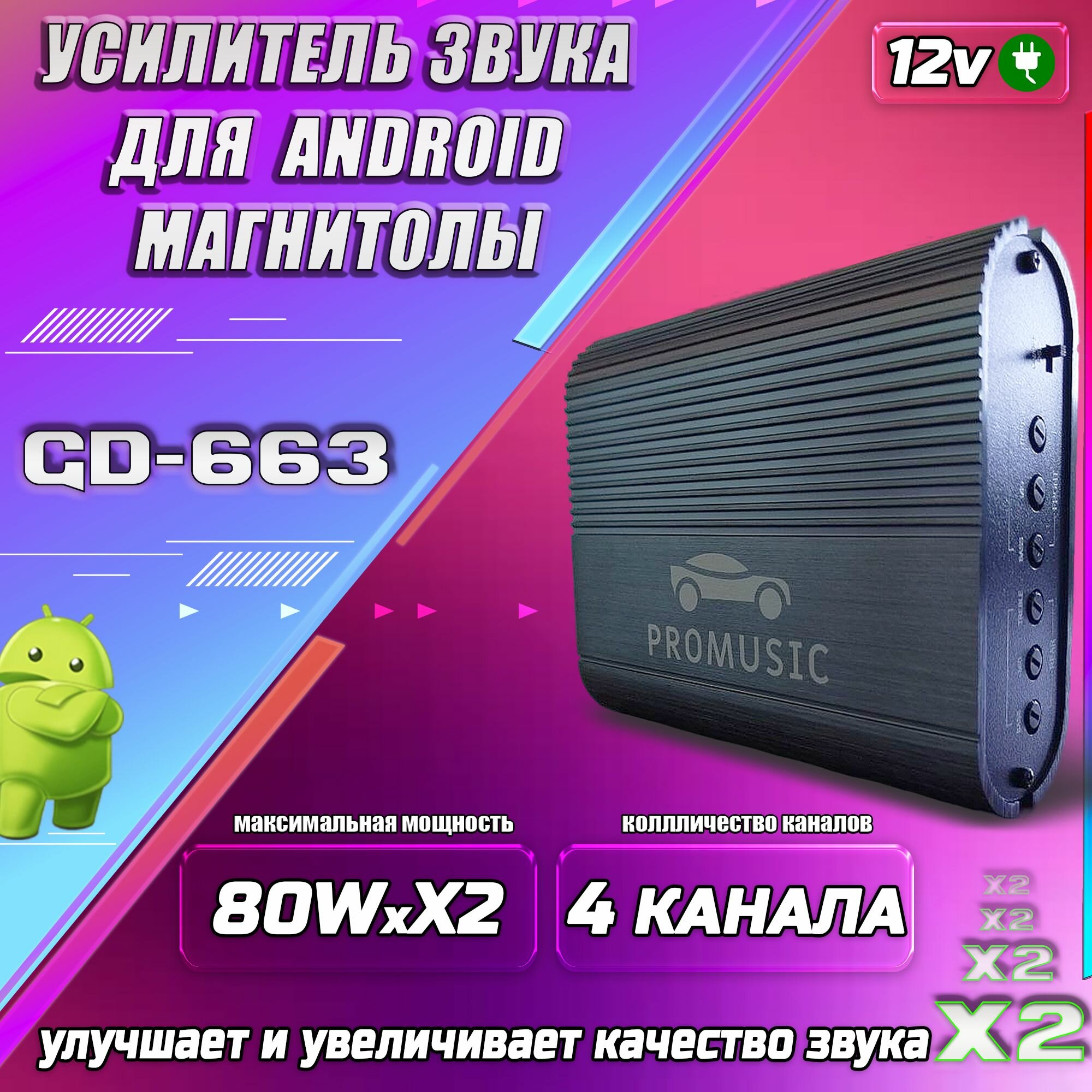 Усилитель звука PROMUSIC GD-663 в автомобиль для Android магнитолы TS7 и TS18Pro / четырёх-канальный автомобильный аудио усилитель для музыки