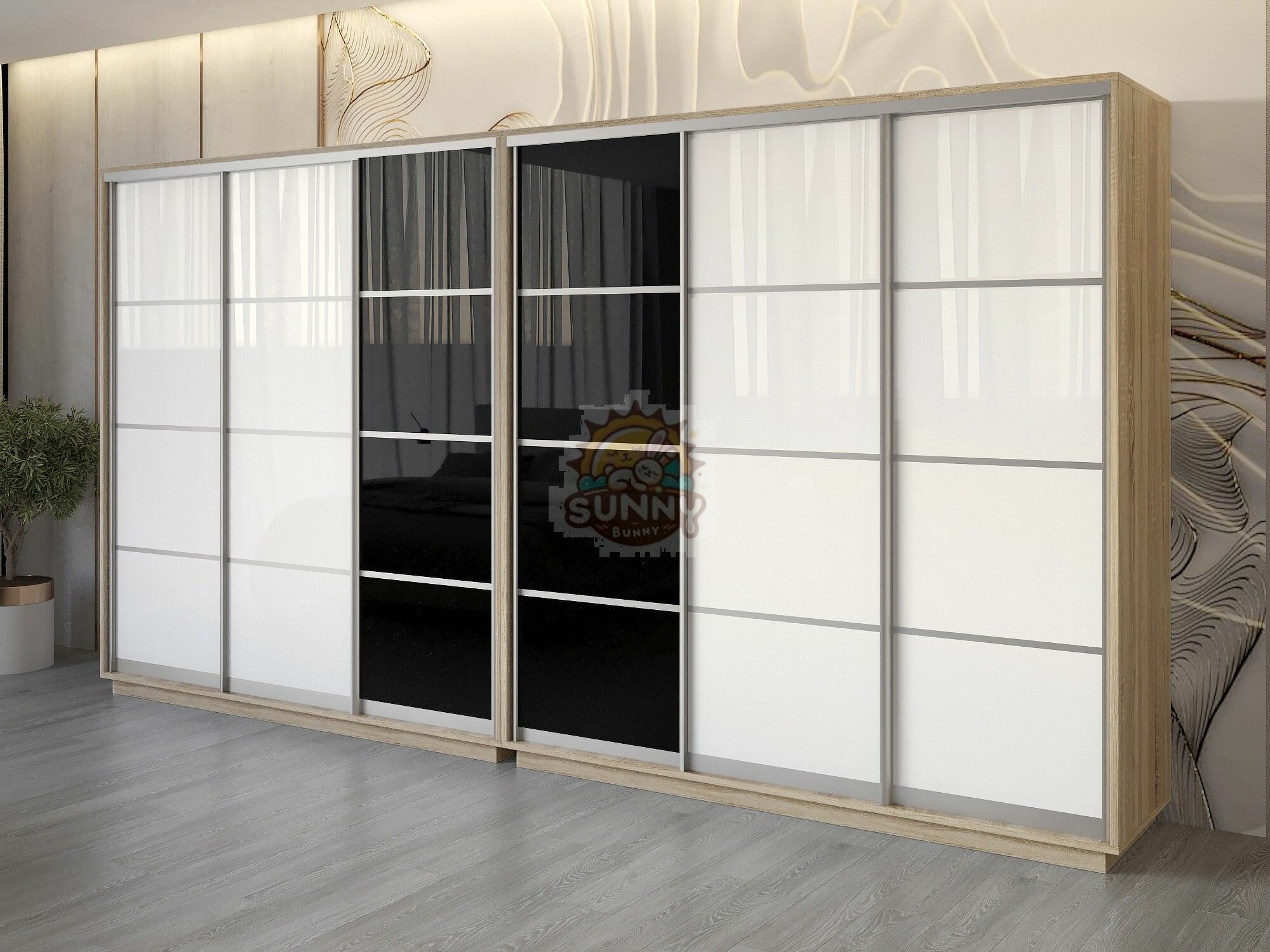 Шкаф-купе Флорида 6дв. (3+3) Стекло белое 4/Стекло черное 2, профиль серебро, 360х60х220 см. Сонома