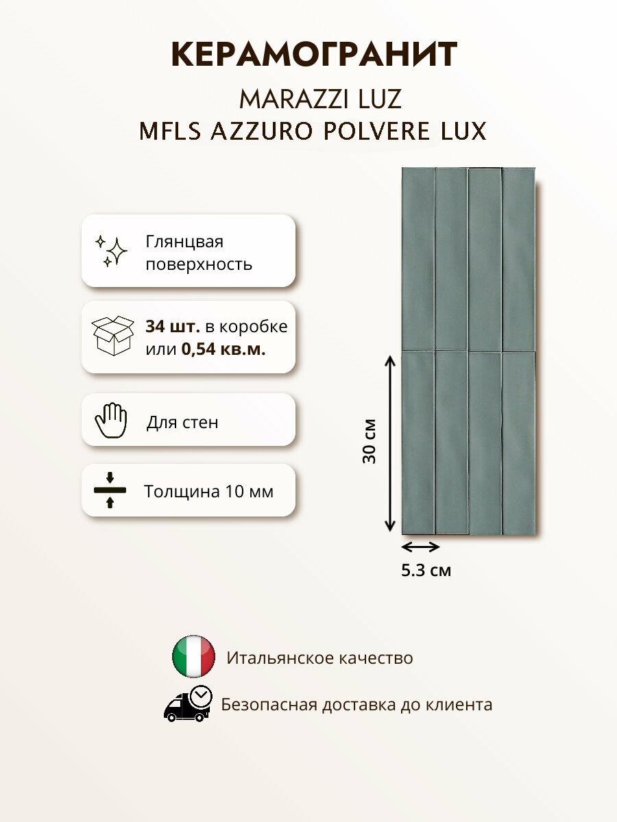 Керамогранит MARAZZI LUZ MFLS Luz azzurro polvere lux, 5.3x30 см, пыльно-голубой, глянцевый, 0,54 кв. м. (34 шт в упак)