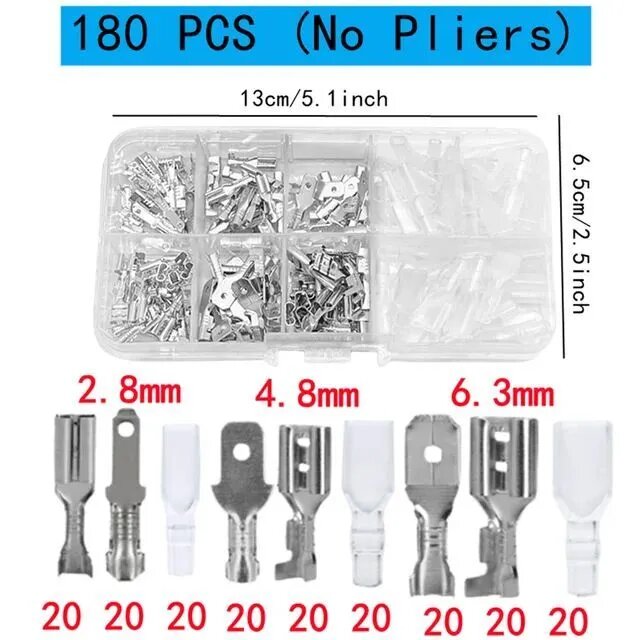 180 штук Обжимная Клемма в коробке, клемы-электро обжимные 2.8 4.8 6.3 mm, Серебро