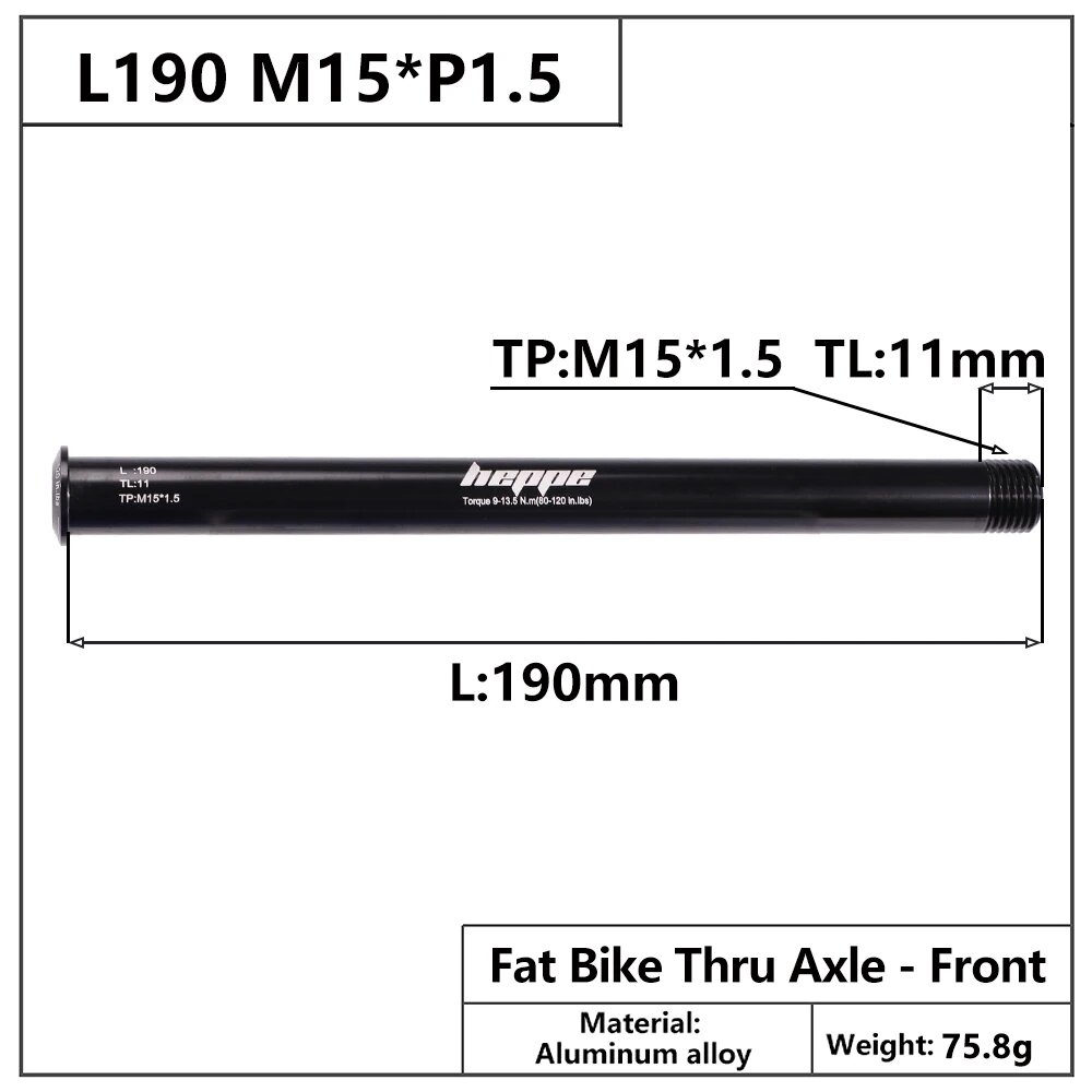 Велосипедная сквозная ось Heppe Fatbike черная алюминиевая M12 M15 L190 M15X1.5 TL11