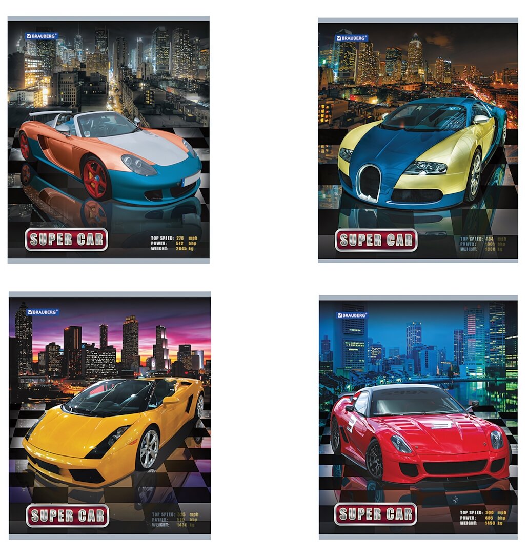 Тетрадь а5 48 л в клетку brauberg "авто", картонная обложка, скоба, разноцветный принт