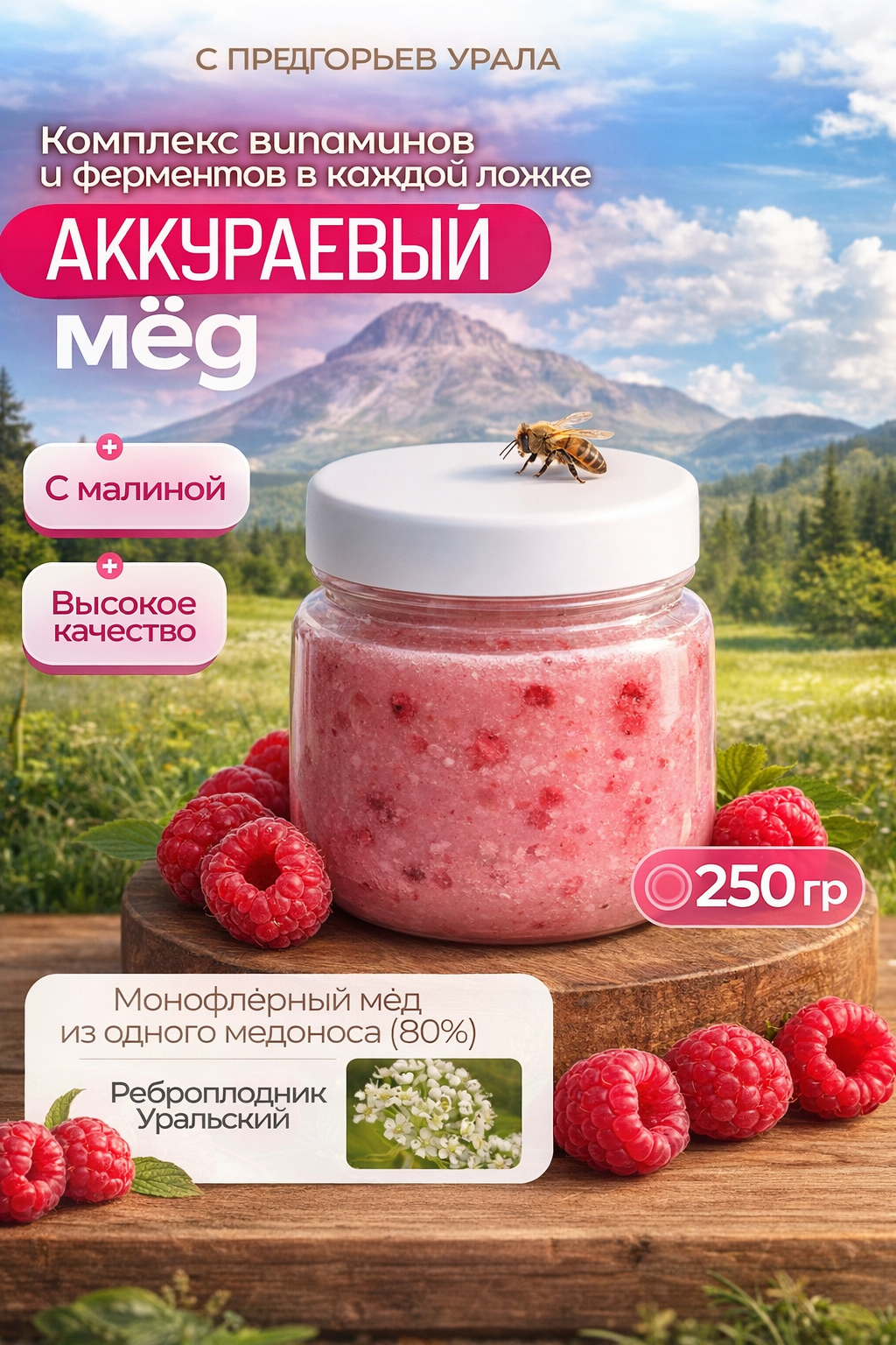 Аккураевый мёд с Малиной, Натуральный. 250грамм