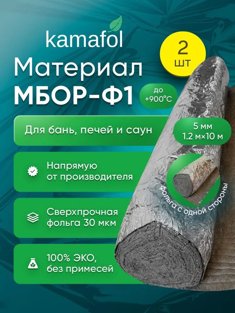Базальтовый утеплитель 10 м х 1.2м, толщина 5мм, огнеупорный, мат/одеяло с фольгой мбор Ф1 (Камафол_МБОР Ф1)