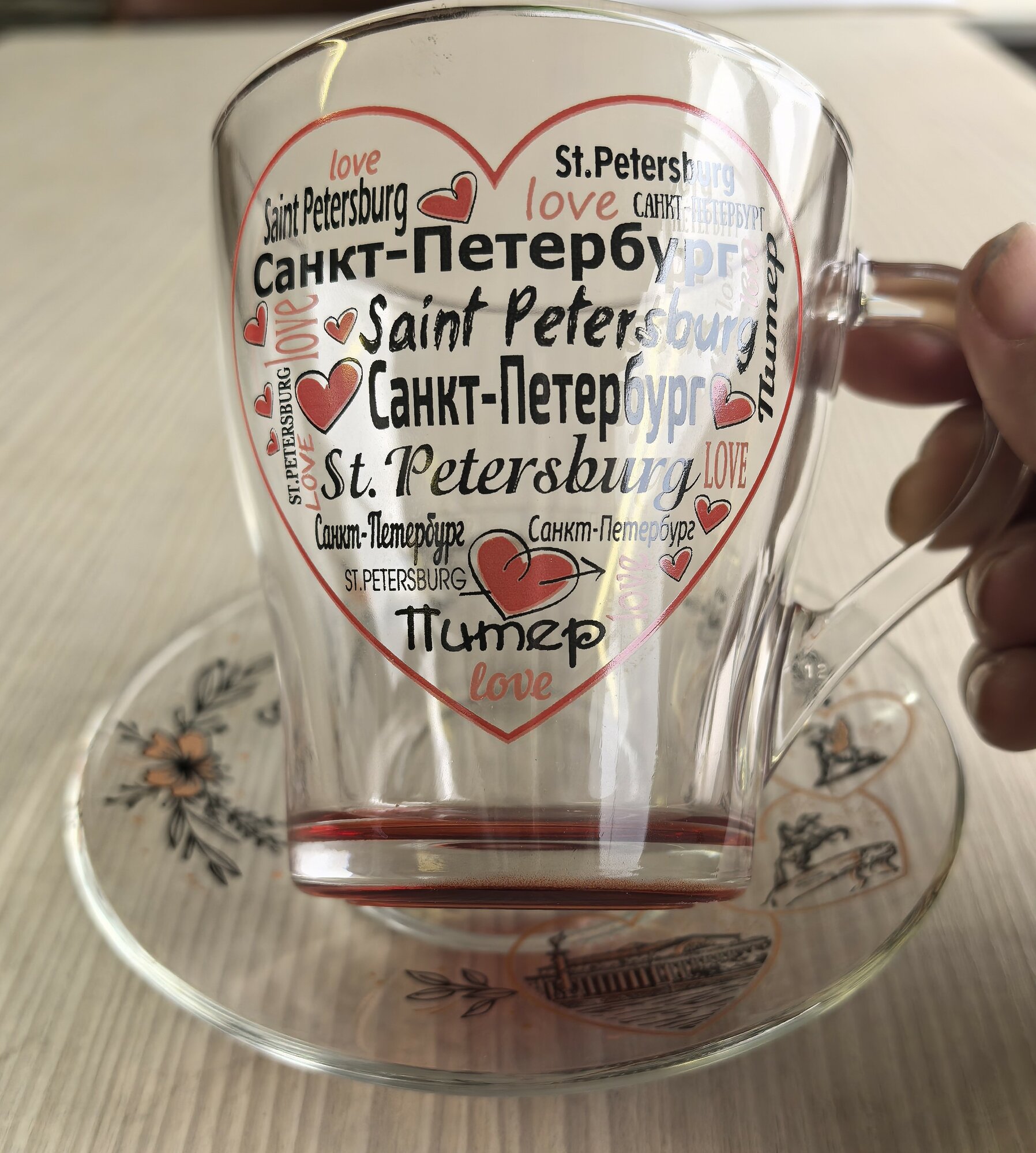 Чайная пара, Петербург, Сердце с красным или бронзовым цветом, 250 мл, цветное дно (разное), с блюдцем с бронзой