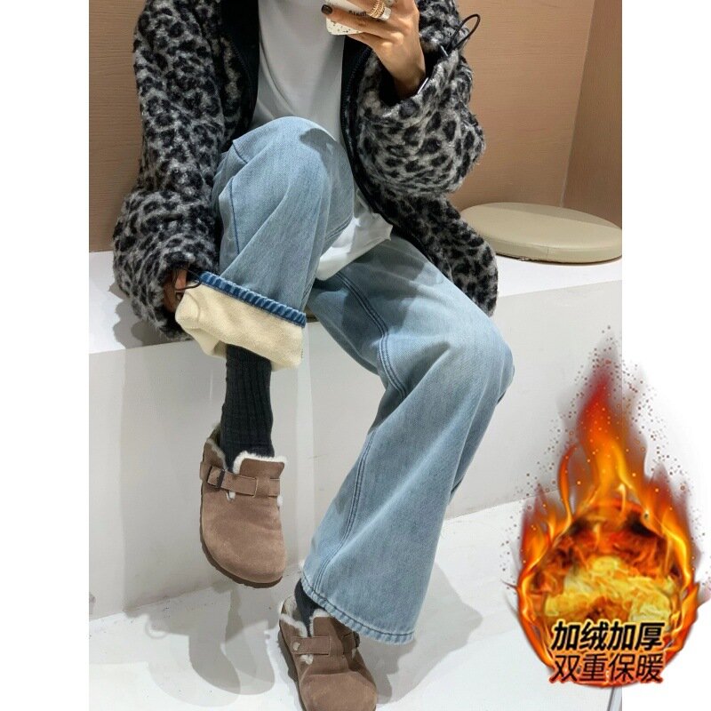 LI Mall Джинсы плюс размер черный стиль с флисом расклешенные подкова деним