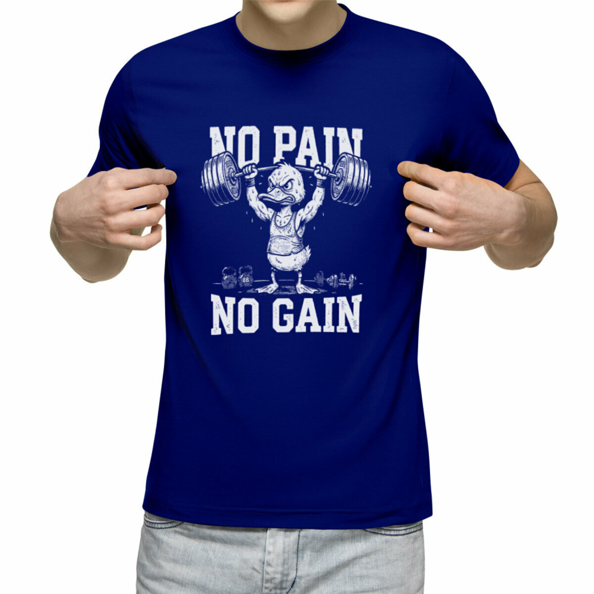Мужская футболка «no pain no gain качалка для зала качок жим лежа» (синий, L)