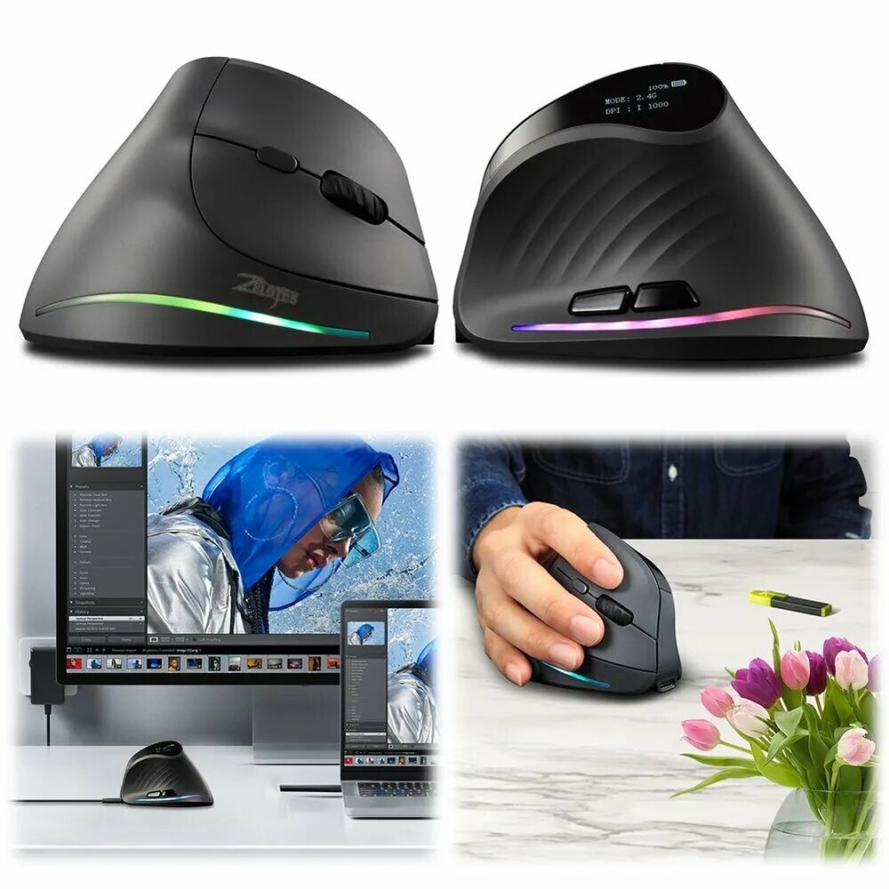 Мышь беспроводная Вертикальная игровая мышь (Bluetooth+2.4G+проводная), 4000DPI, 7 кнопок, перезаряжаемая, темно-серый