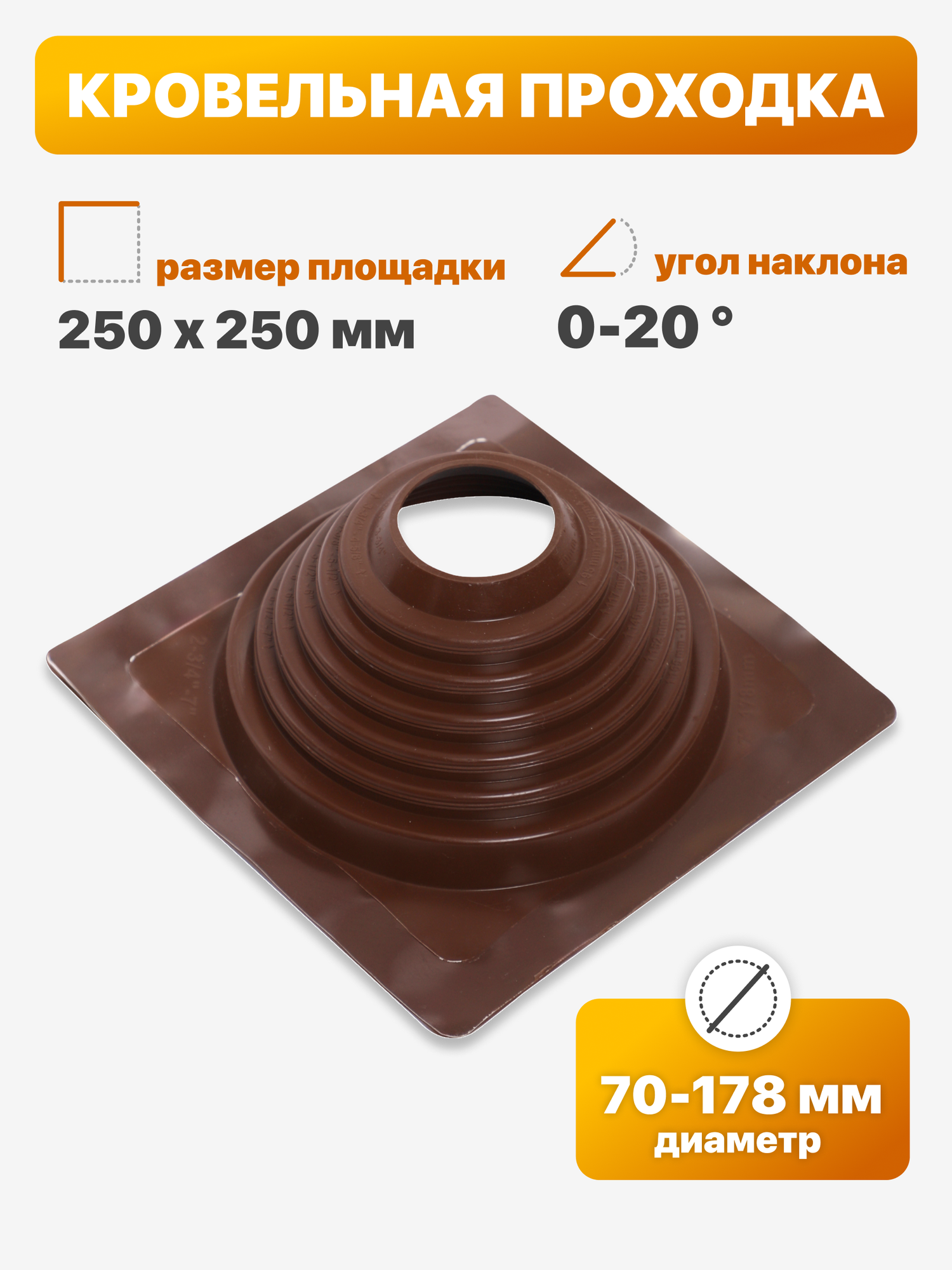 Уплотнитель кровли (кровельная проходка) №36 прямой 70-178мм 250х250мм коричневый