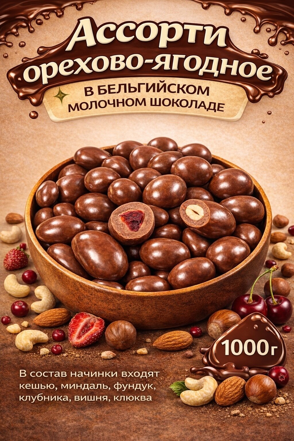 Ассорти орехово-ягодное (кешью, миндаль, фундук, клубника, вишня, клюква) в бельгийском молочном шоколаде 1000 г