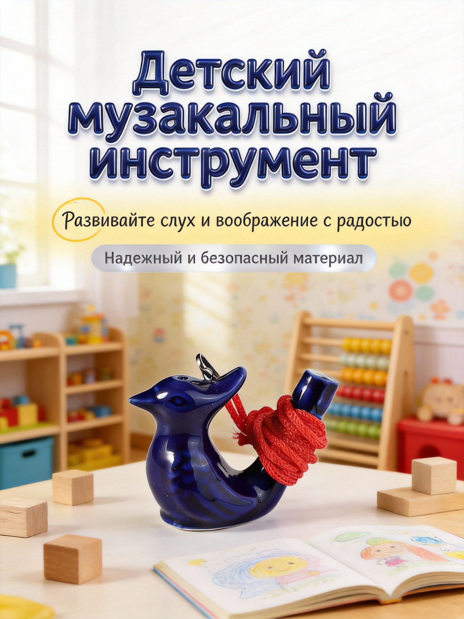 Детский музыкальный инструмент, керамическая свистулька-птичка для развития слуха и творческих способностей, меняет тон при добавлении воды