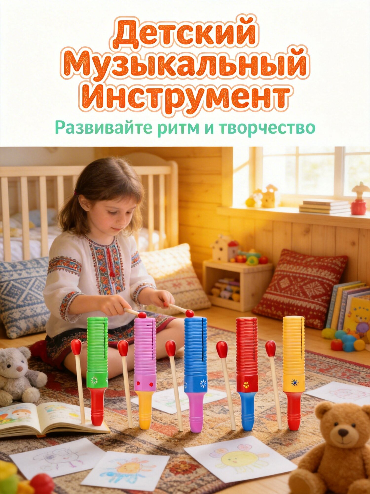 Музыкальный рубель из дерева, палочка 16 см и компактные размеры 20x3,5x3,5 см для детей от 3 лет, развитие ритма и слуха и простая семейная игра
