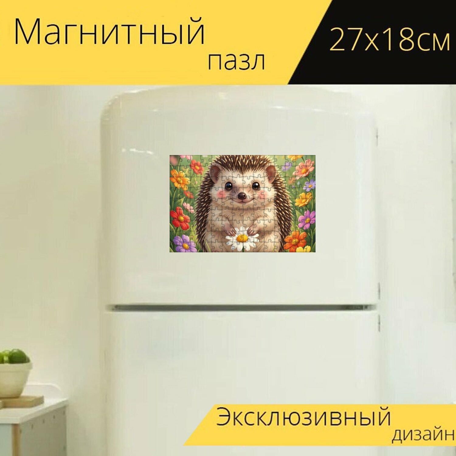 Магнитный пазл "Милый ежик с ромашкой. Очаровательный лесной зверек среди ярких полевых цветов, в цифровой иллюстрации с мягким светом, пастельными." на холодильник 27 x 18 см.