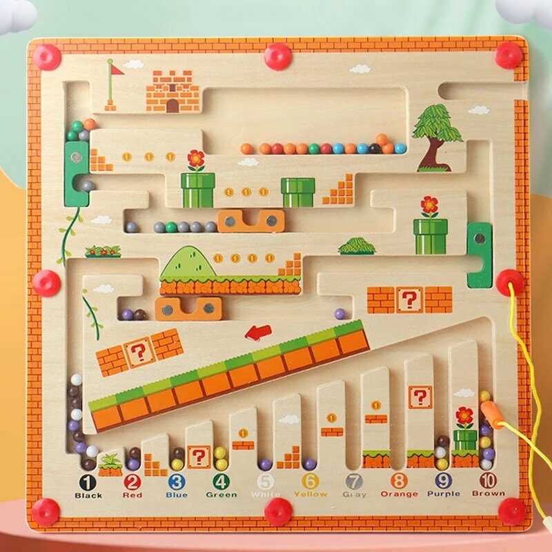 Деревянный магнитный лабиринт "Mario" с цветами и цифрами, Color: mushroom house