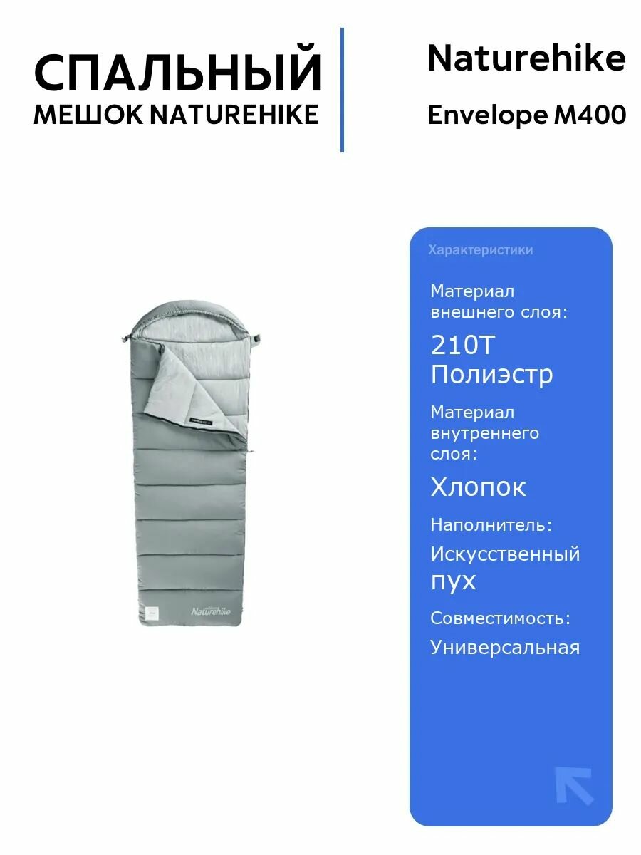 Спальный мешок Naturehike Envelope M400, (190+30)х80 см, левый, для активного отдыха, комфортная температура +1 C