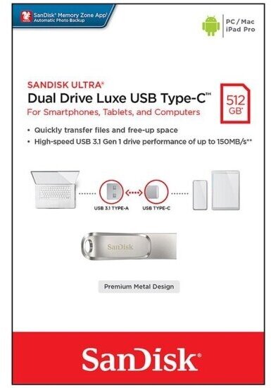 USB флешка Sandisk 512Gb Ultra Dual Drive Luxe USB 3.1 gen 1/ USB Type-C 150 Mb/s