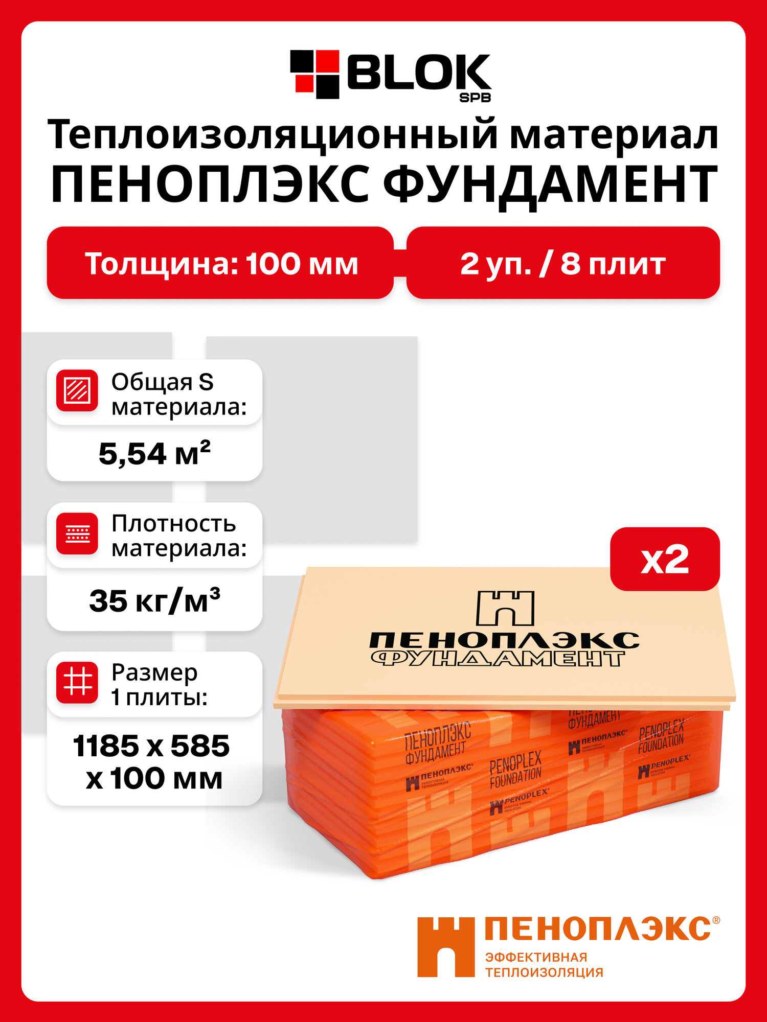 Пеноплекс Фундамент 100 мм ( 2 уп. / 5,54 м2 / 8 плит) утеплитель из пенополистирола для фундамента, стяжки, пола, крыши