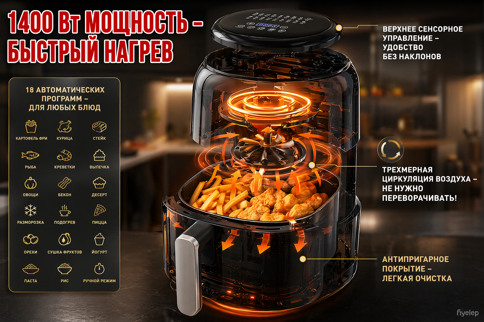 Аэрогриль 6 л, для приготовления курицы, картофеля фри и выпечки, 220 В, европейский стандарт