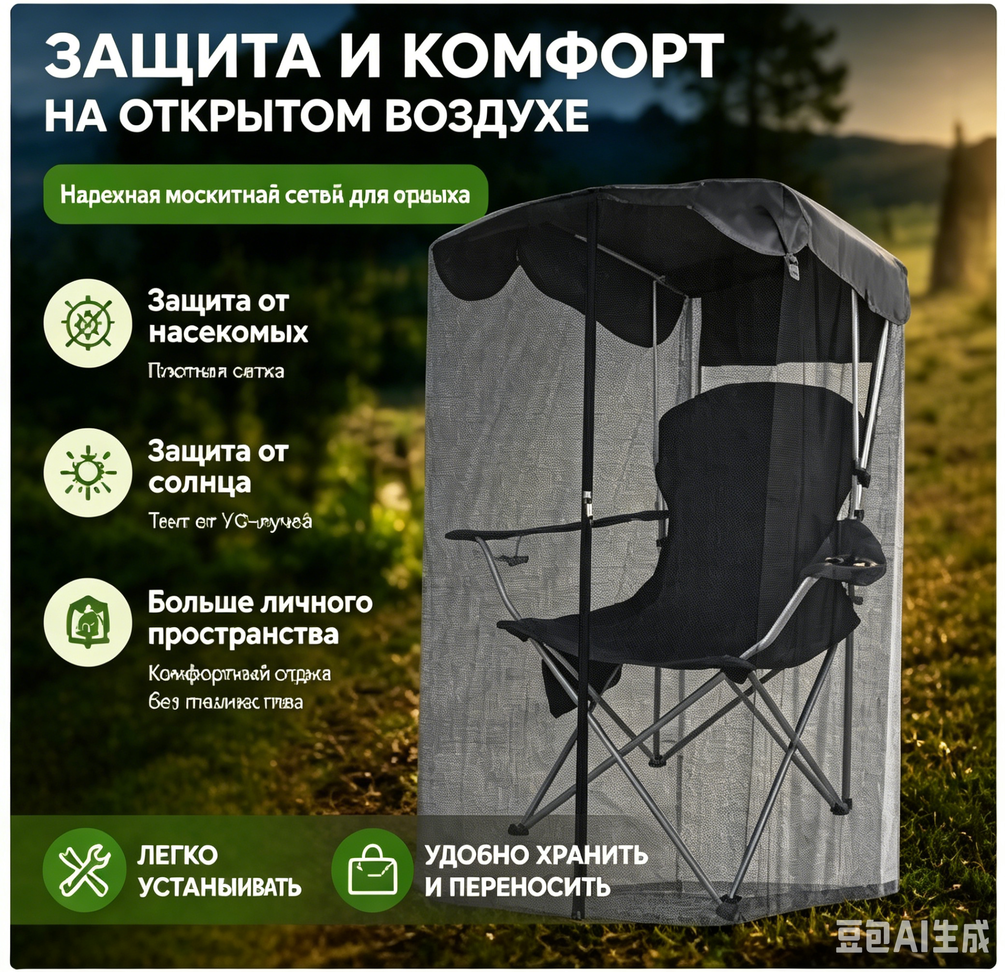 Москитный тент, для кемпинговых стульев, с навесом, черный, полиэстер, металл