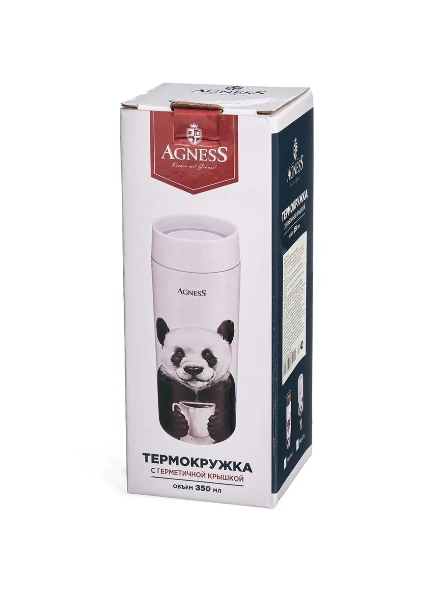 Термокружка Agness 350 мл белая принт панда сталь — фото 1