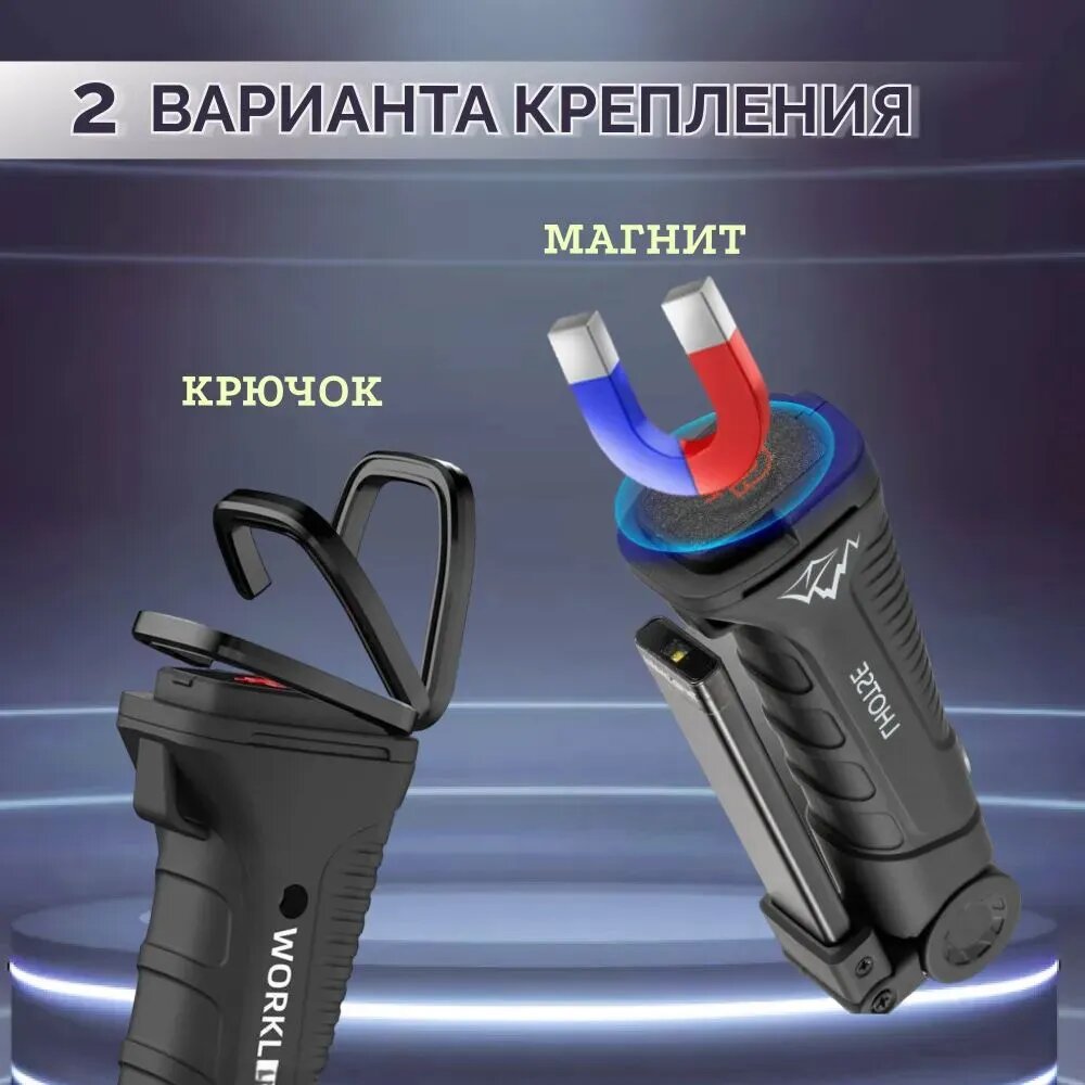 Фонарь ручной светодиодный Worklight аккумуляторный с магнитом и крючком 550 Лм 10Вт IP66 — фото 1