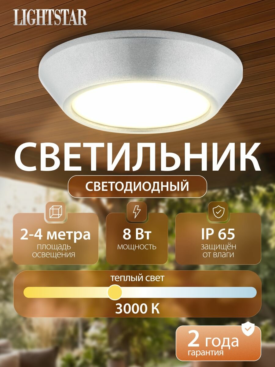 Светильник потолочный светодиодный влагозащищенный Lightstar URBANO 214792, IP65 для ванной и улицы, 3000K, 8W, круглый, хром