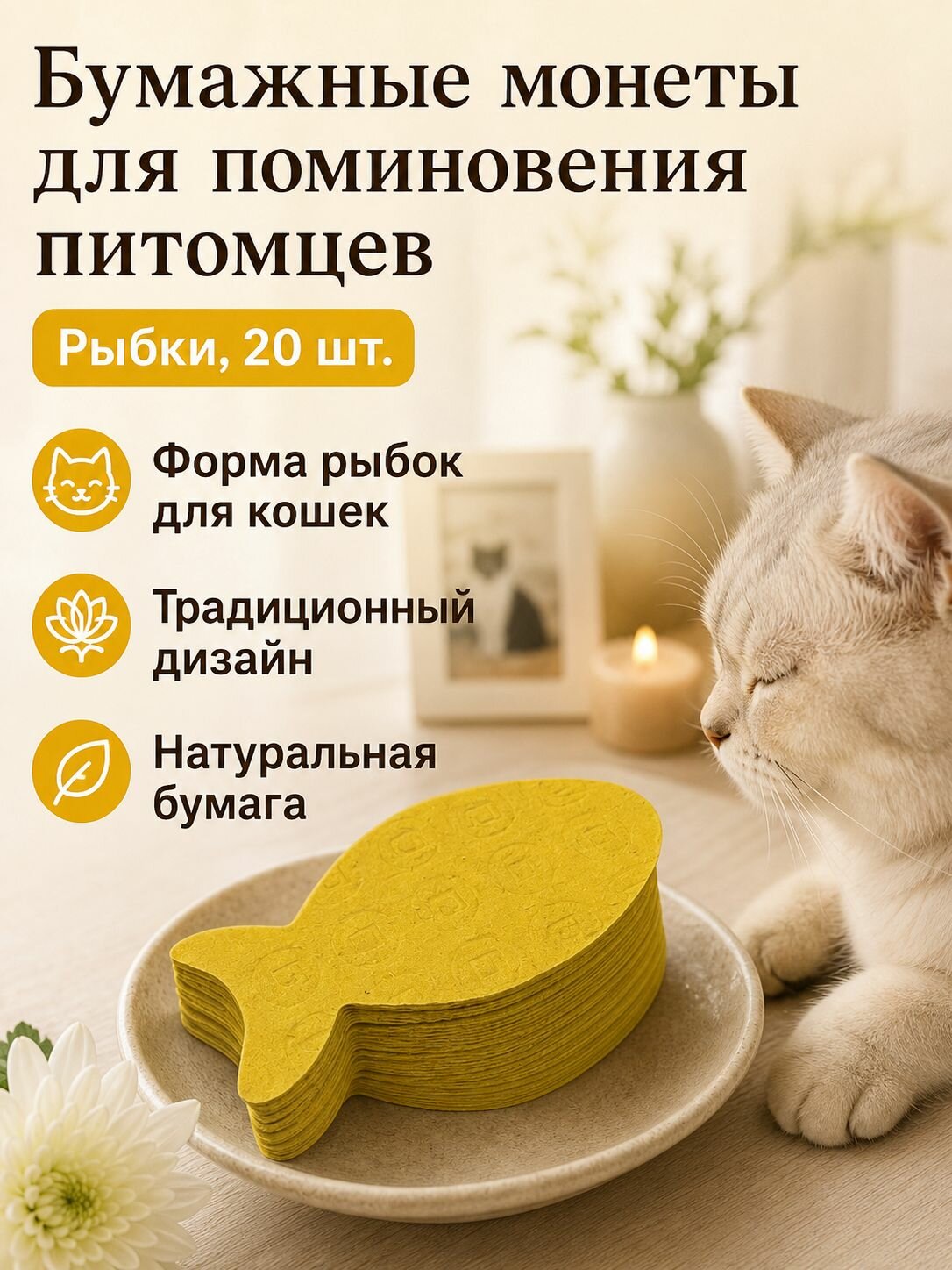 Набор ритуальных бумажных монет для питомцев из 1 предмета: рыбки или косточки, желтая бумага