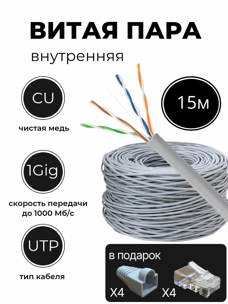Внутренний интернет кабель (витая пара) 15 метров для прокладки в помещениях Cu (чистая медь класс А) U/UTP PVC 4 пары (8 жил) Cat.5е 24AWG indoor сетевой кабель Ethernet кабель для локальной сети