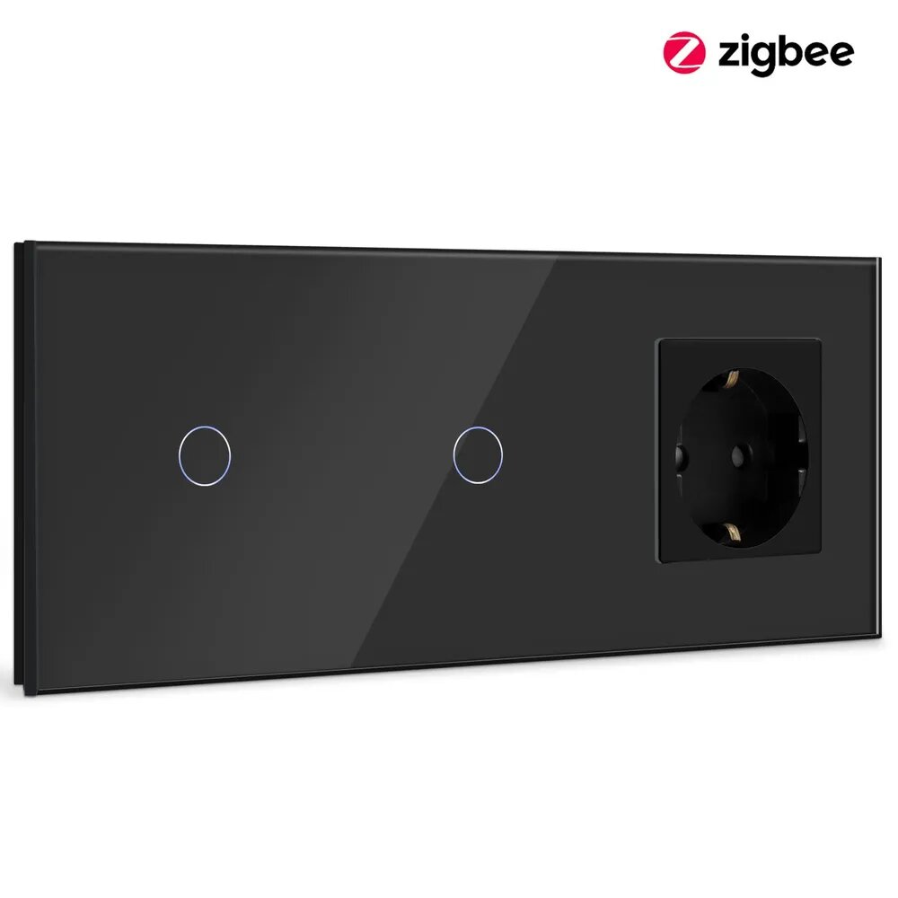 Розетка c Сенсорный выключатель , умный Zigbee выключатель 2 клавиши без нуля на, 1 механическая розетка , рамка стекло Черная