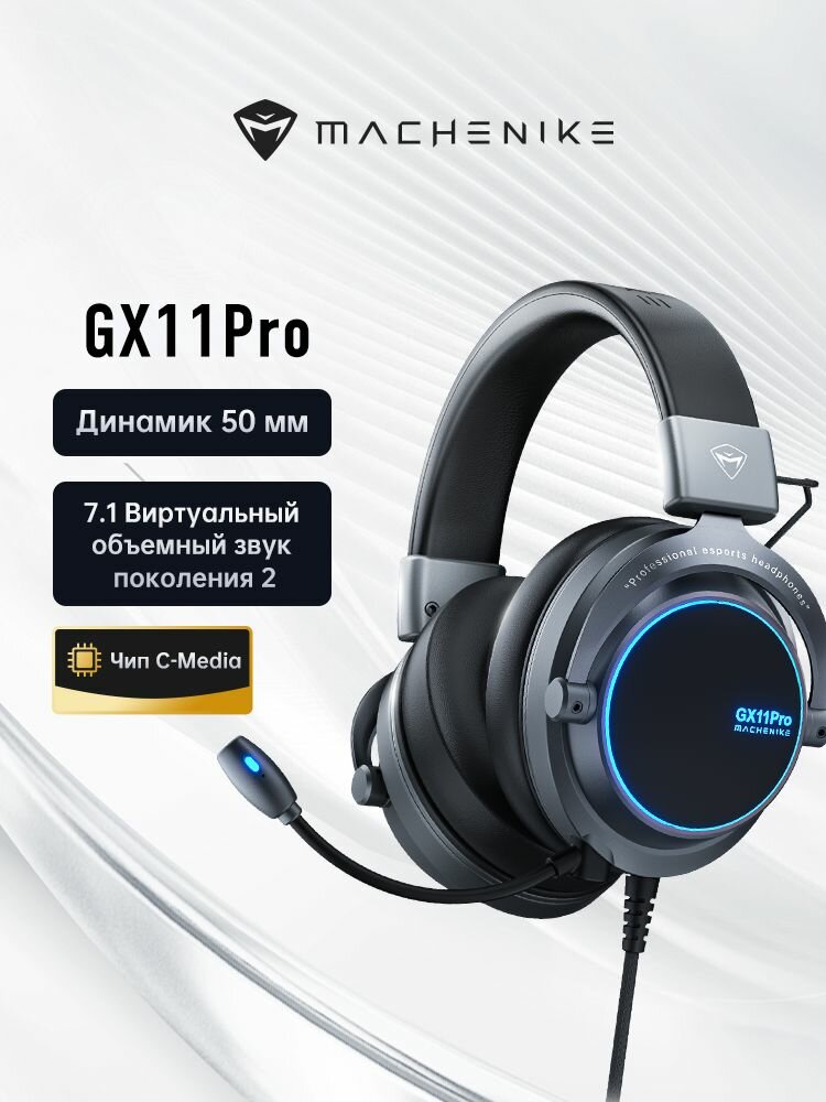 Machenike Наушники проводные с микрофоном GX11 Pro большие накладные игровые для пк, USB, черный