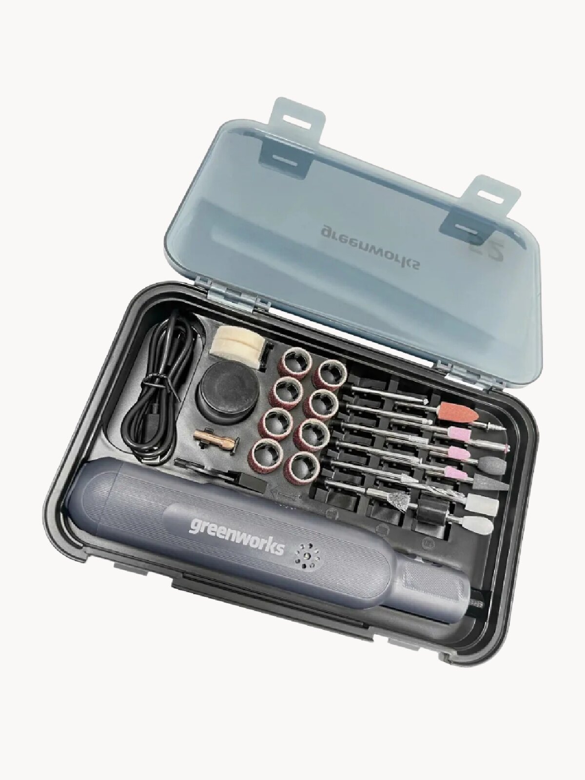 Гравер аккумуляторный GREENWORKS GPT-8VRT, 8V, арт. 3200707, с принадлежностями 52 шт