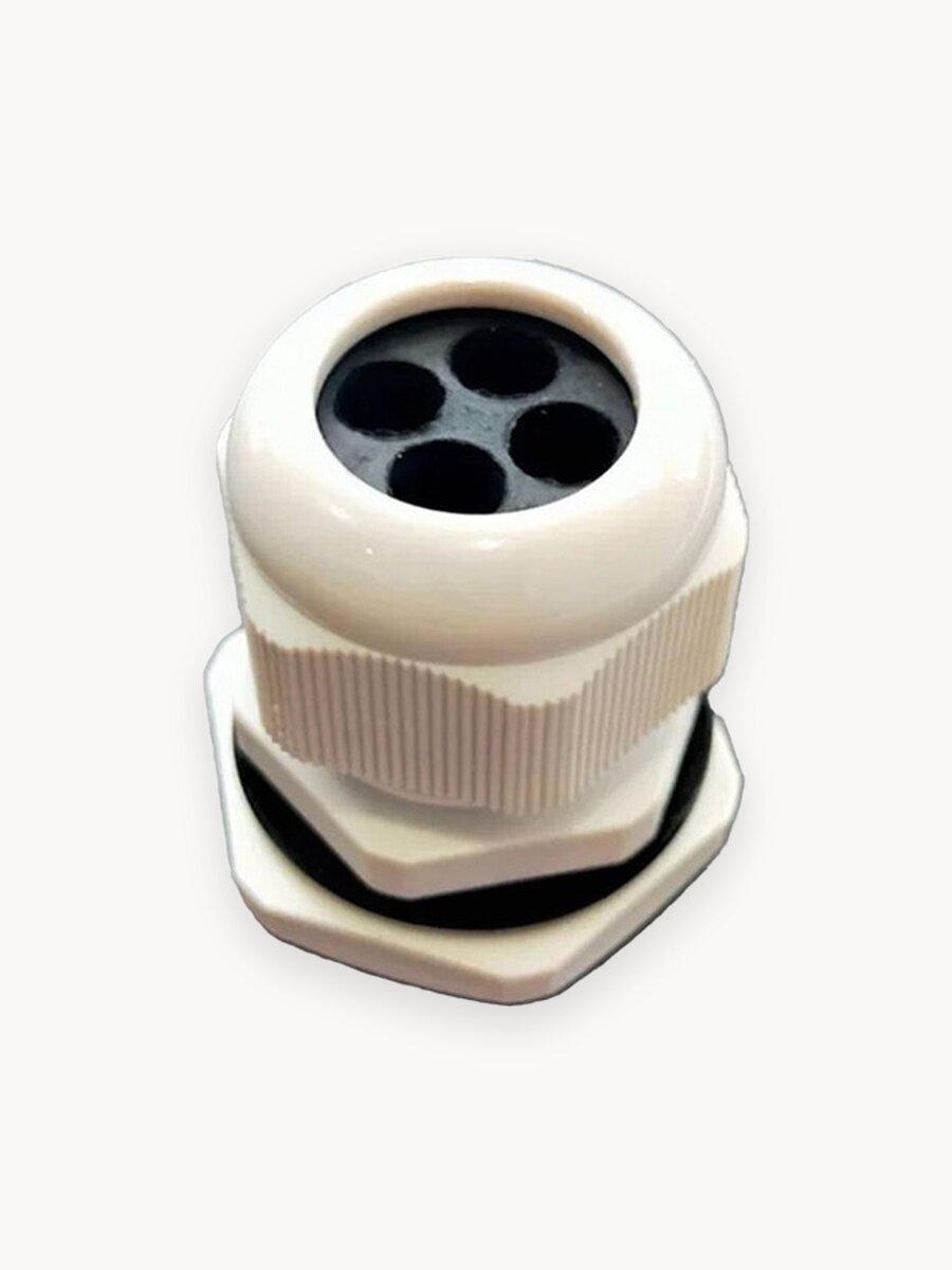 Кабельный ввод пластиковый М25 с мультивставкой для 4 проводов 3-7 мм, материал PA светло-серый, IP68