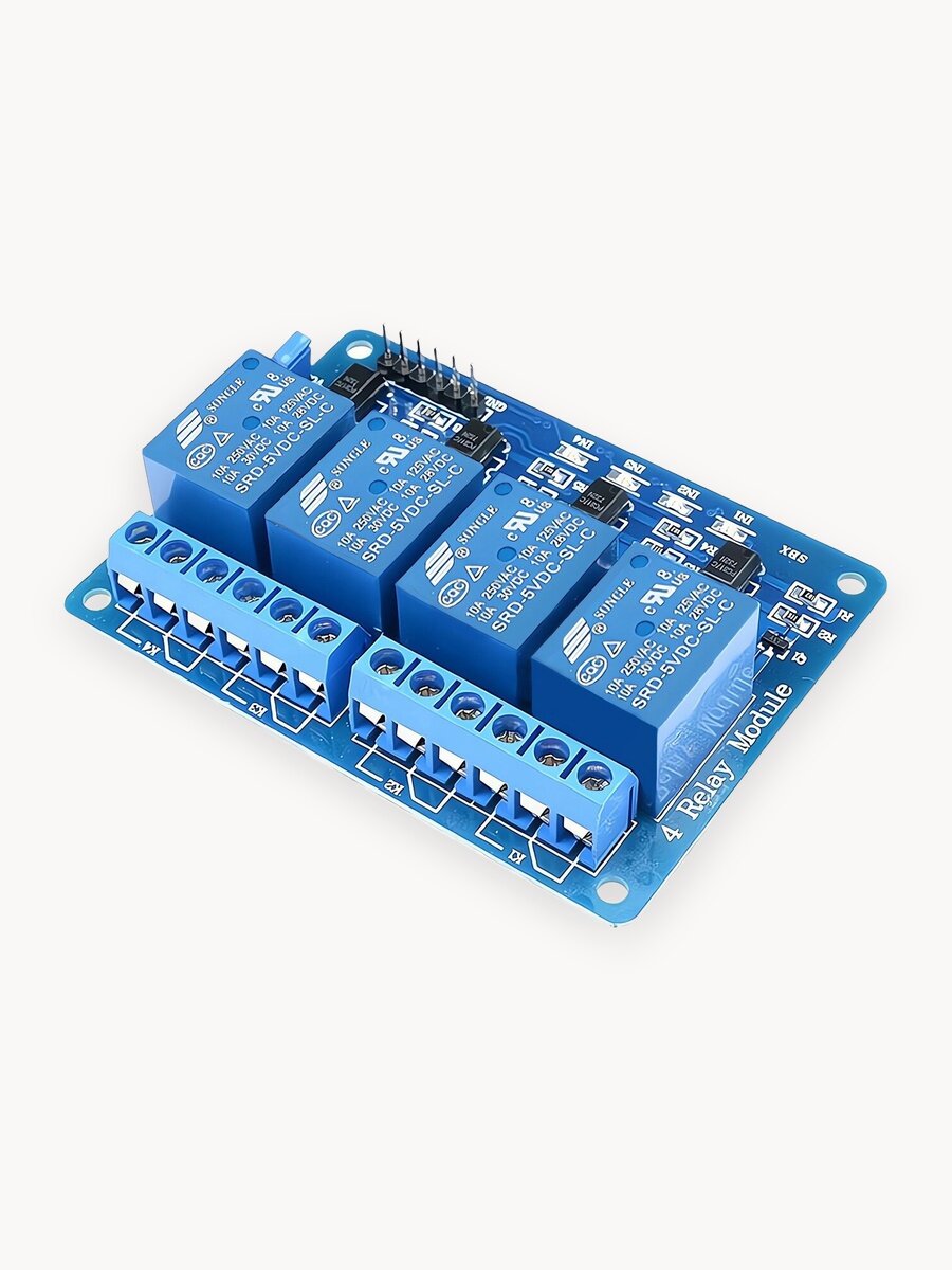 Модуль реле / 4 канала управления/ ток до 10А / AC до 250В / DC до 30В / управление от 5В / совместим с Ардуино