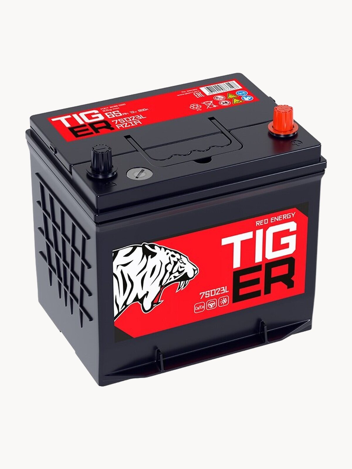 Аккумулятор автомобильный Tiger Red Energy 75D23L 65 А/ч 600 А обр. пол. Азия авто (232х173х225) с бортиком