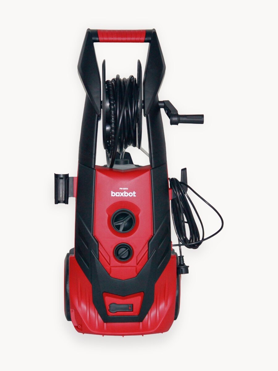 Мойка 2200 Вт, 170 бар - 120 бар, 450 л/час, грязевая фреза, пеногенератор 1000 мл, кабель 5 м, шланг 8 м, колёса, Boxbot PW-2217A
