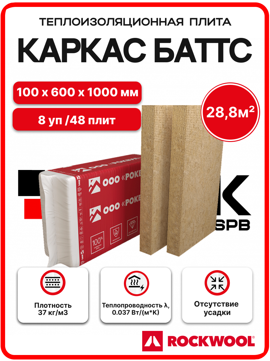 Rockwool Каркас Баттс 100 мм (8 уп/ 48 плит/28,8 м2) для стен, полов, кровли, перекрытий