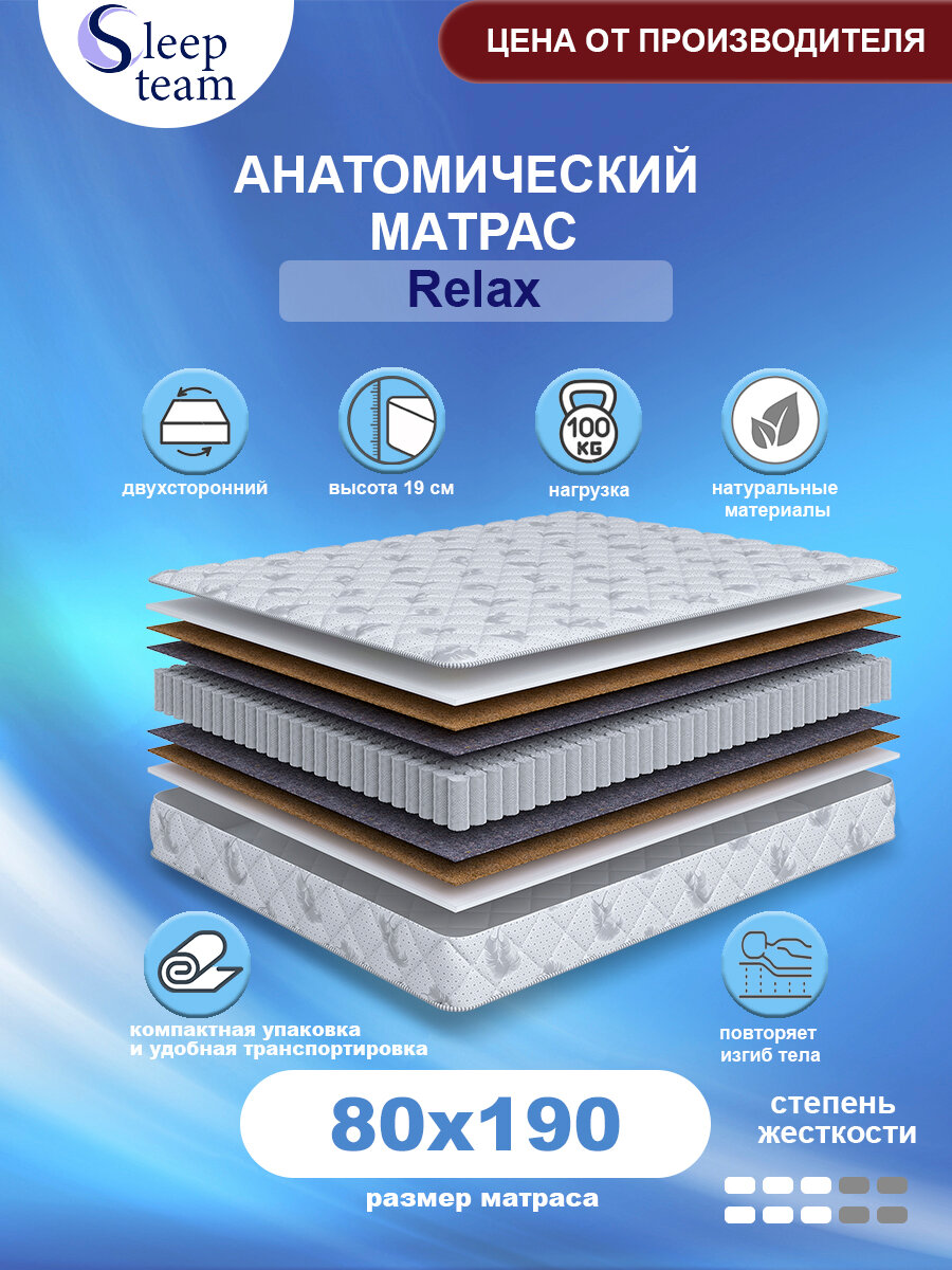 Матрас детский SleepTeam Relax 80х190, пружинный, высота 19 см, односпальный