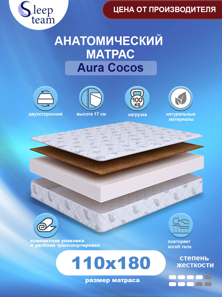 Матрас SleepTeam Aura Cocos 110х180, беспружинный, для кровати, высота 16 см, односпальный
