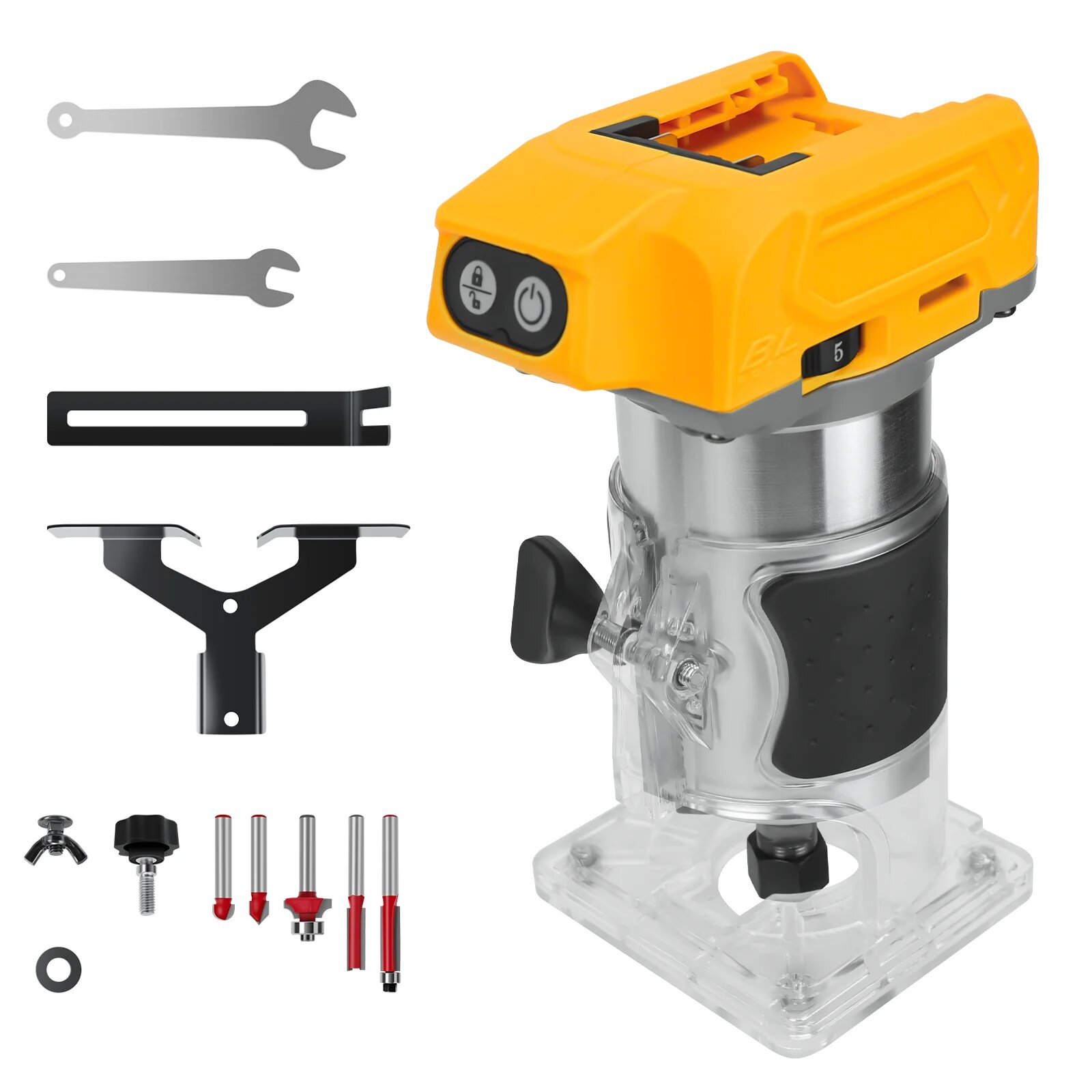 Бесщеточный электрический триммер 800 Вт, деревообрабатывающий фрезерный станок с 5 переменными скоростями, фрезерный станок по дереву для батареи Dewalt 20 В (без батареи), Battery not included