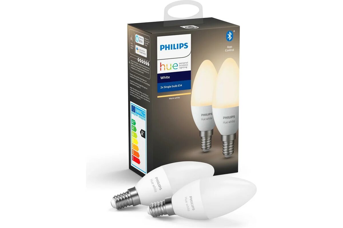 Philips Hue White E14 — 2 умные лампы свеча (470 Лм, диммируемые, Bluetooth, 2700K) (929002039904)