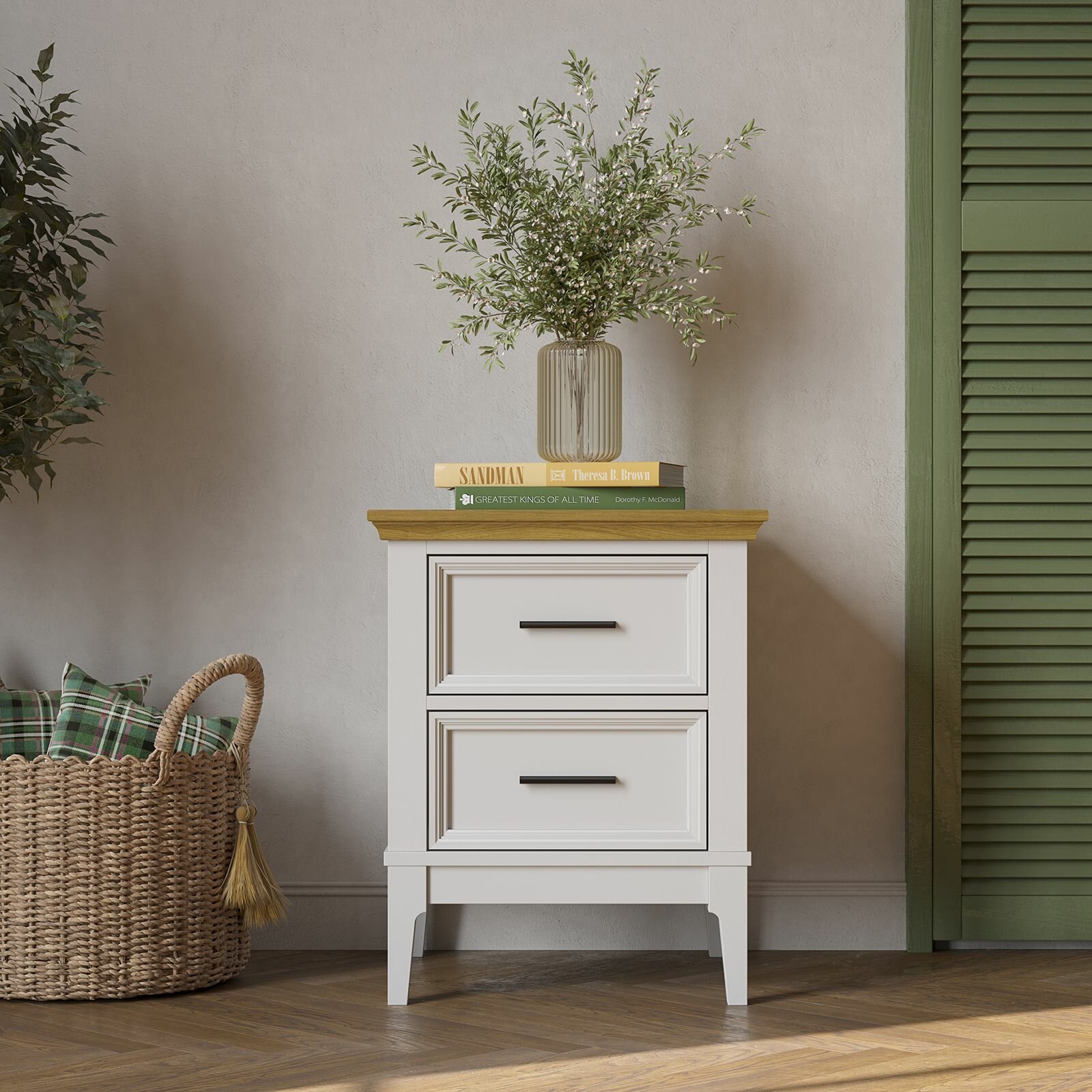 Тумба прикроватная Квадро-С 02 (белый лак+антик №24) из массива сосны