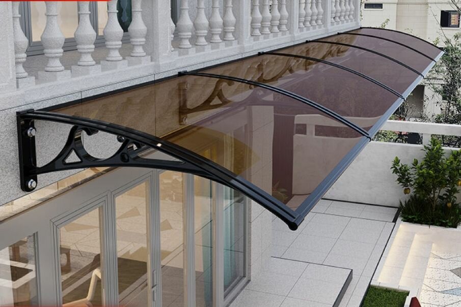 Навес для крыльца, подходит для дверей / окон, кронштейн из черного алюминиевого сплава и коричневая панель из поликарбоната, 60*200 см
