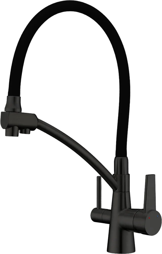Смеситель для кухни Gappo G4398-16 с гибким изливом, с краном для питьевой воды, с поворотным изливом, черный, матовый, однорычажный, латунный, с керамическим картриджем