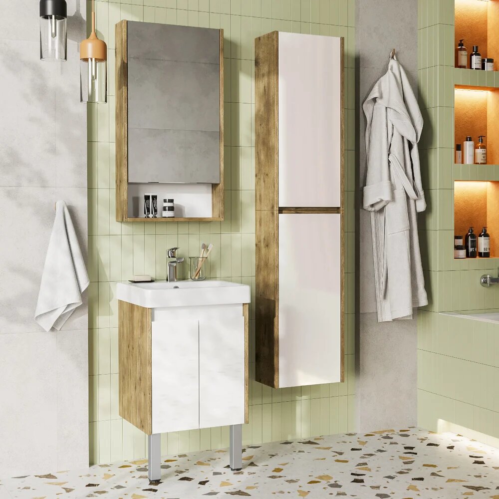 Мебель для ванной комнаты AQUATON Сканди 45 белая глянцевая, дуб рустикальный