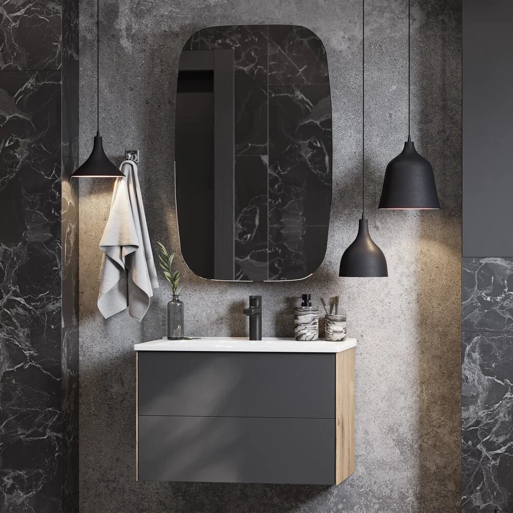 Тумба с раковиной AQUATON Сохо 75 подвесная, 75 см, серая, коричневая, матовая, из МДФ, с ящиками, раковина для ванной фарфоровая, прямоугольная, встроенный слив-перелив, лофт