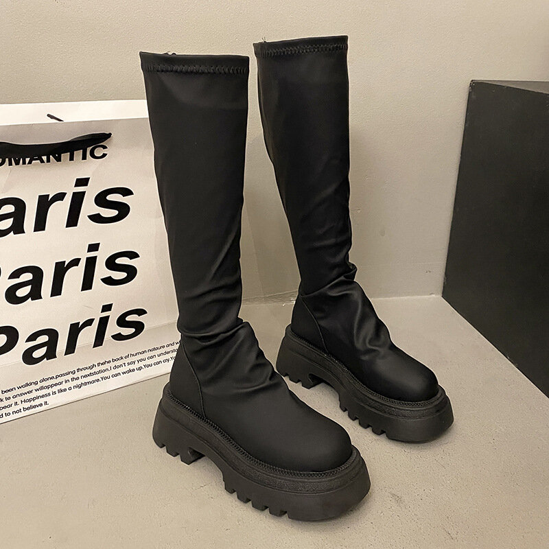 Высокие рыцарские сапоги в британском стиле с плиссировкой и толстой подошвой, новые облегающие и универсальные сапоги на толстом каблуке длиной до колена для женщин на осень 2025 года